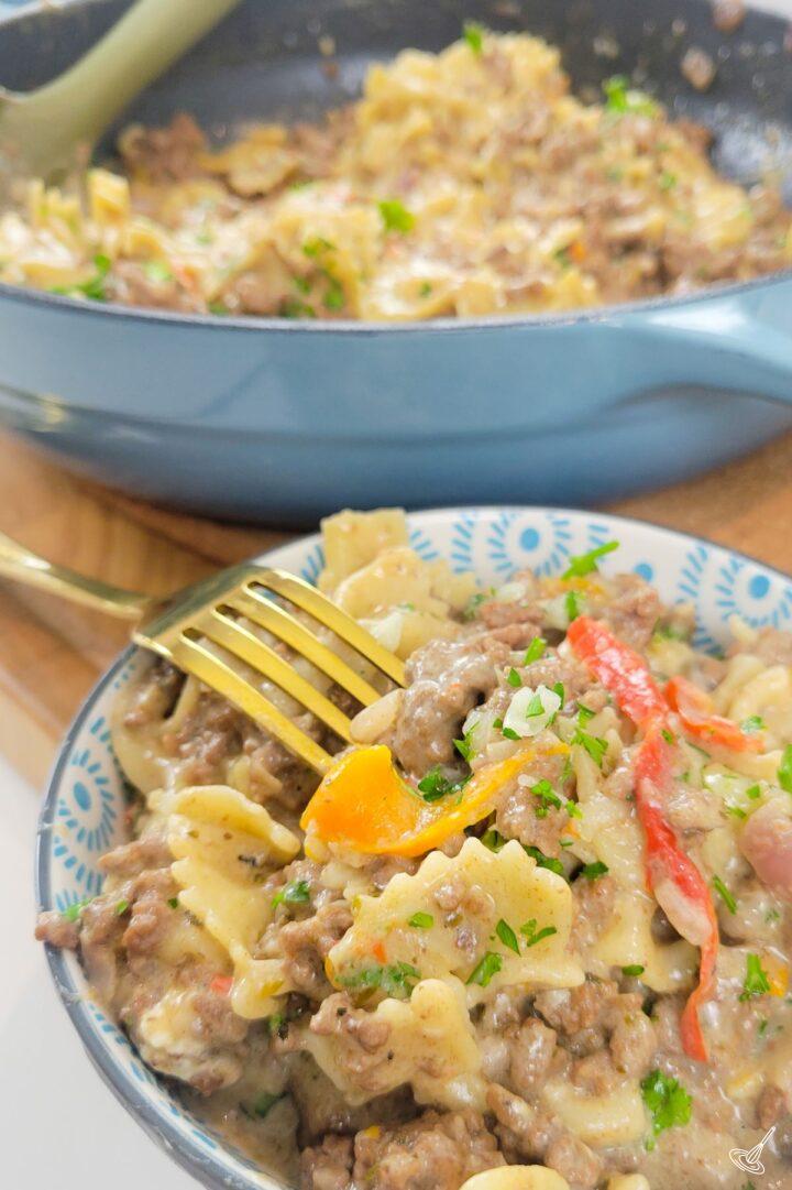 Philly Cheesesteak Pasta - French Kiss Cook