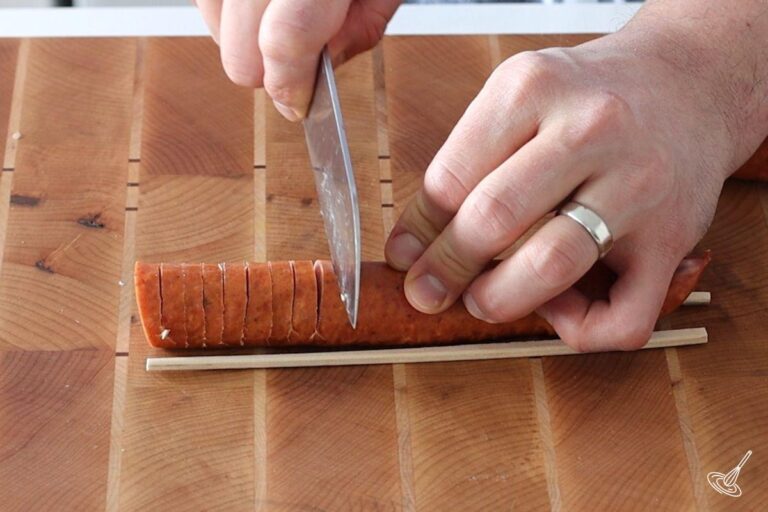 Maple BBQ Hasselback Kielbasa Bites - French Kiss Cook